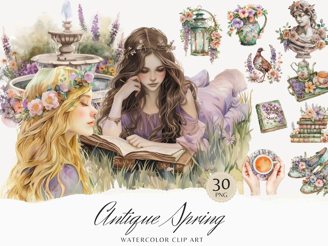 Watercolor Antique Spring Clipart, Cozy Spring Clip Art, Floral ...