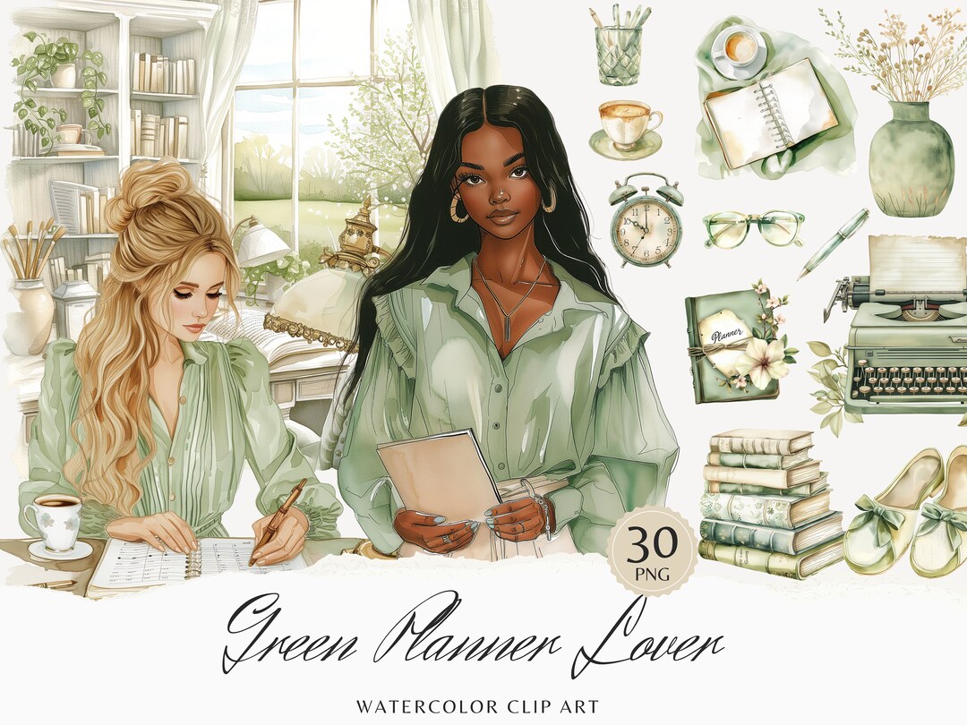 Watercolor Green Planner Lover Clipart, Planner Clip Art, Planner Girl ...