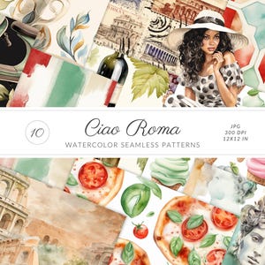 Watercolor Ciao Roma Seamless Patterns, Italy Pattern JPEG, Italian ...