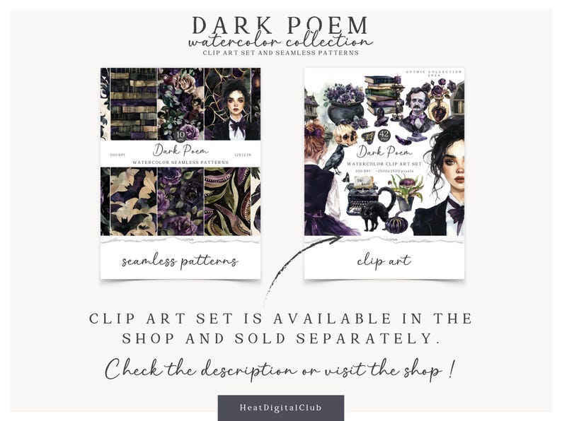 Watercolor Dark Poem Seamless Patterns, Dark Gothic Pattern JPEG ...