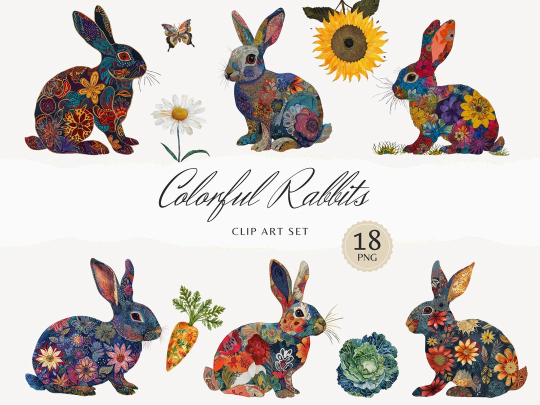 Colorful Rabbits Clipart - Cute Watercolor Bunny Clip Art, Batik Cute ...