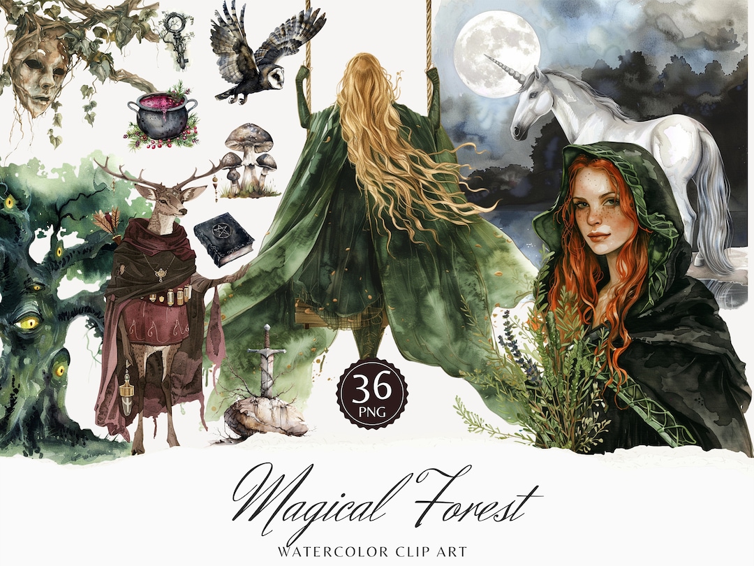 Watercolor Magical Forest Clipart, Dark Woodland PNG, Wiccan Forest ...