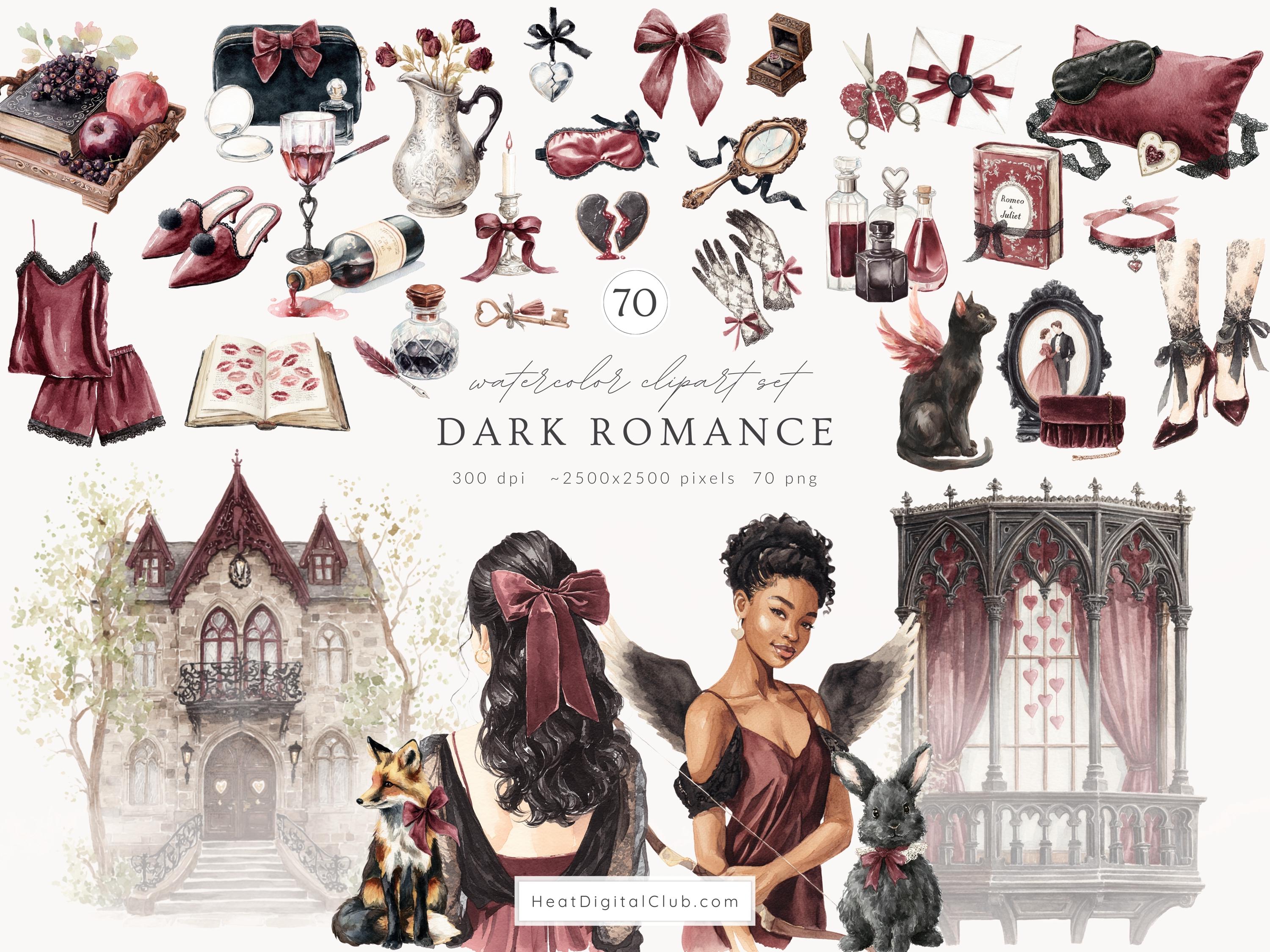 Watercolor Dark Romance Clipart Set, Gothic Valentine's Day PNG ...