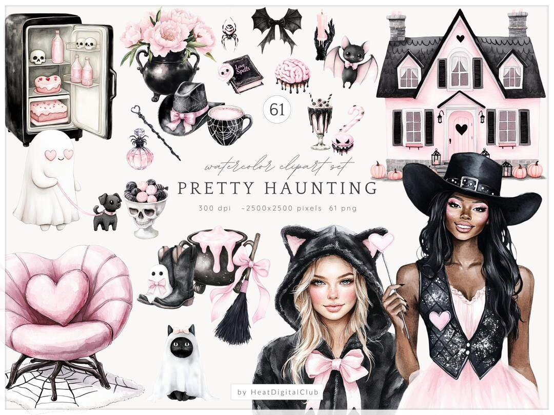 Watercolor Pretty Haunting Clipart, Black and Pink Halloween PNG ...