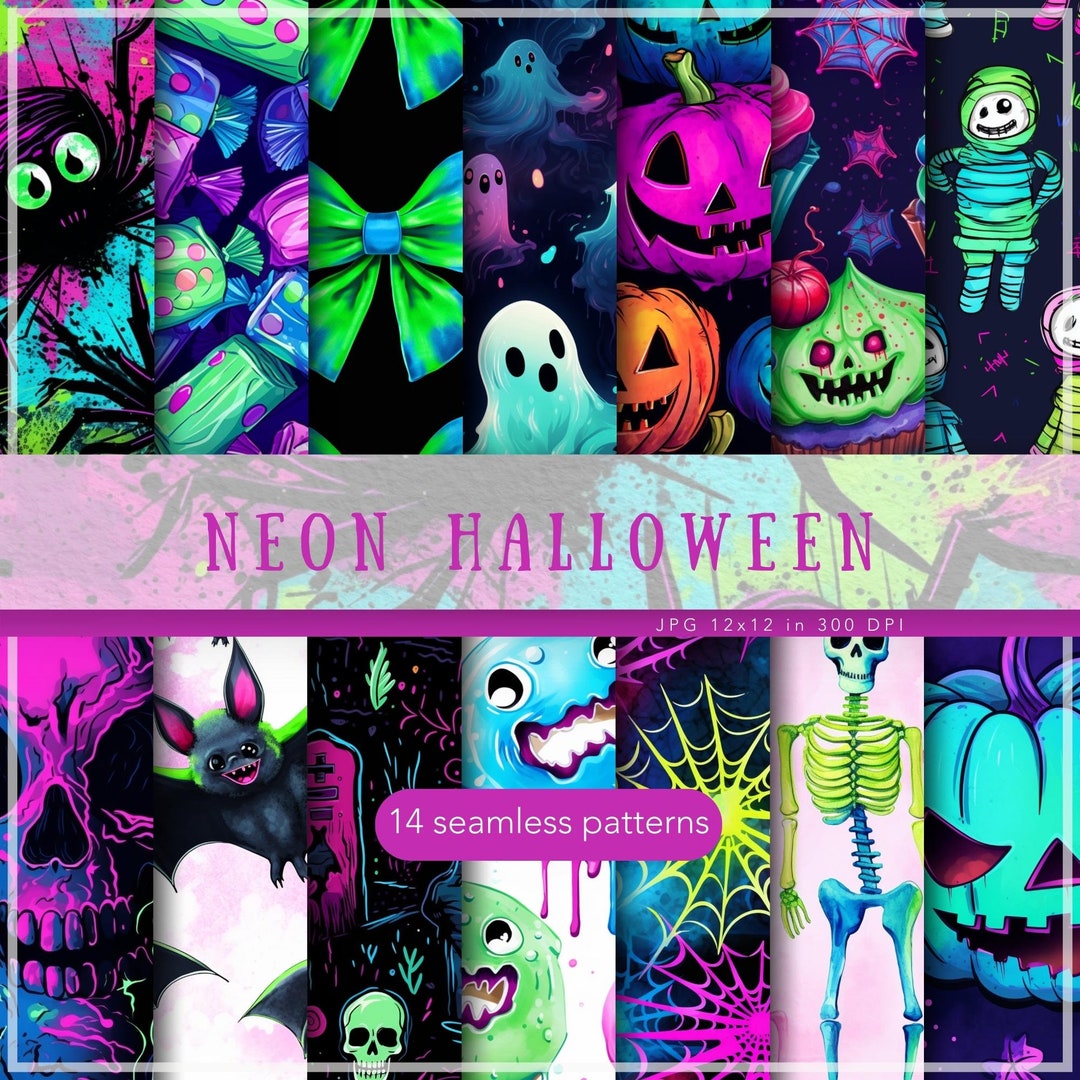 Seamless Cute Neon Halloween Patterns, Spooky Neon Textures JPEG ...
