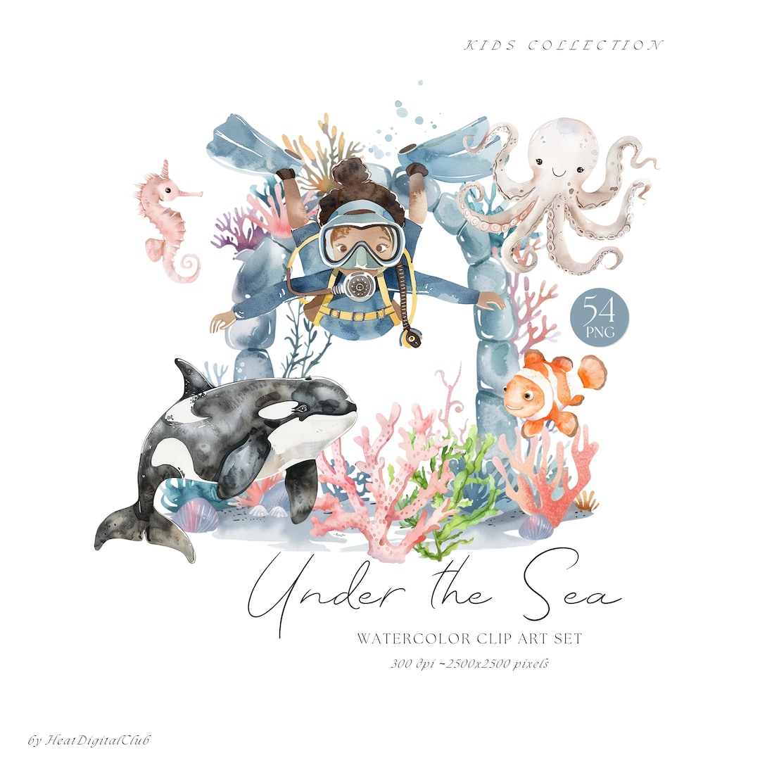 Watercolor Under the Sea Clipart, Undersea Clip Art, Nursery Decor Png ...