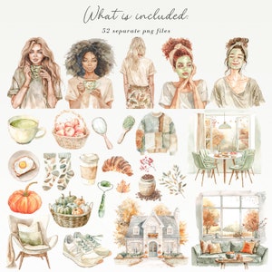 Watercolor Autumn Morning Clipart Bundle, Fall Clipart PNG, Neutral ...