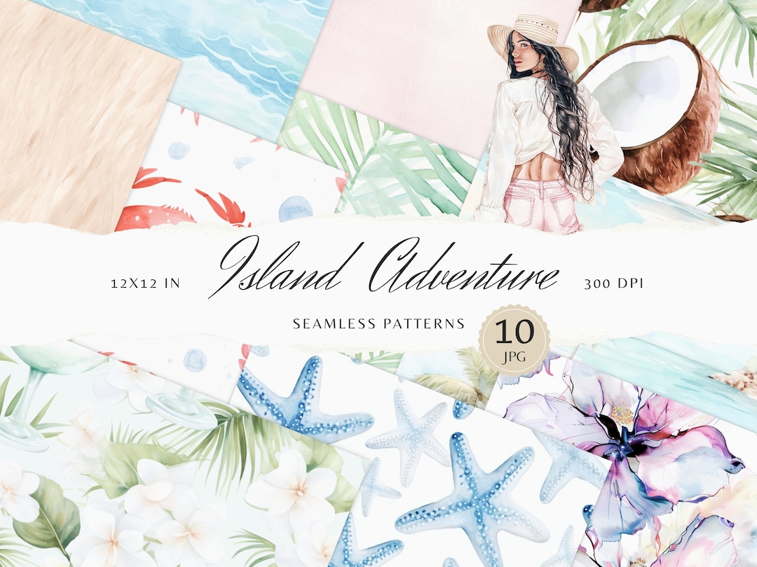 Watercolor Island Adventure Seamless Patterns, Beach Pattern JPEG ...