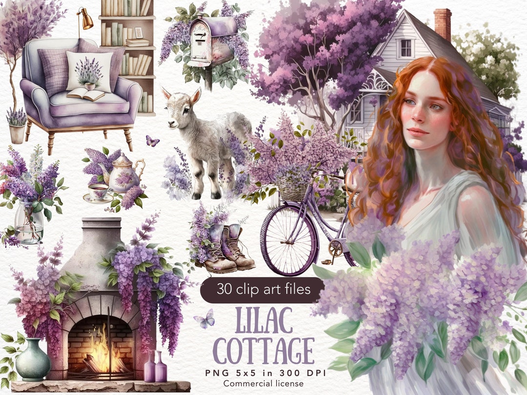 30 Watercolor Lilac Cottage Life Items Clip Art, Vintage Cottagecore ...