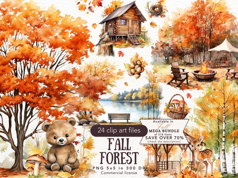 Watercolor Cozy Autumn Forest Clipart Romantic Fall Forest - Etsy