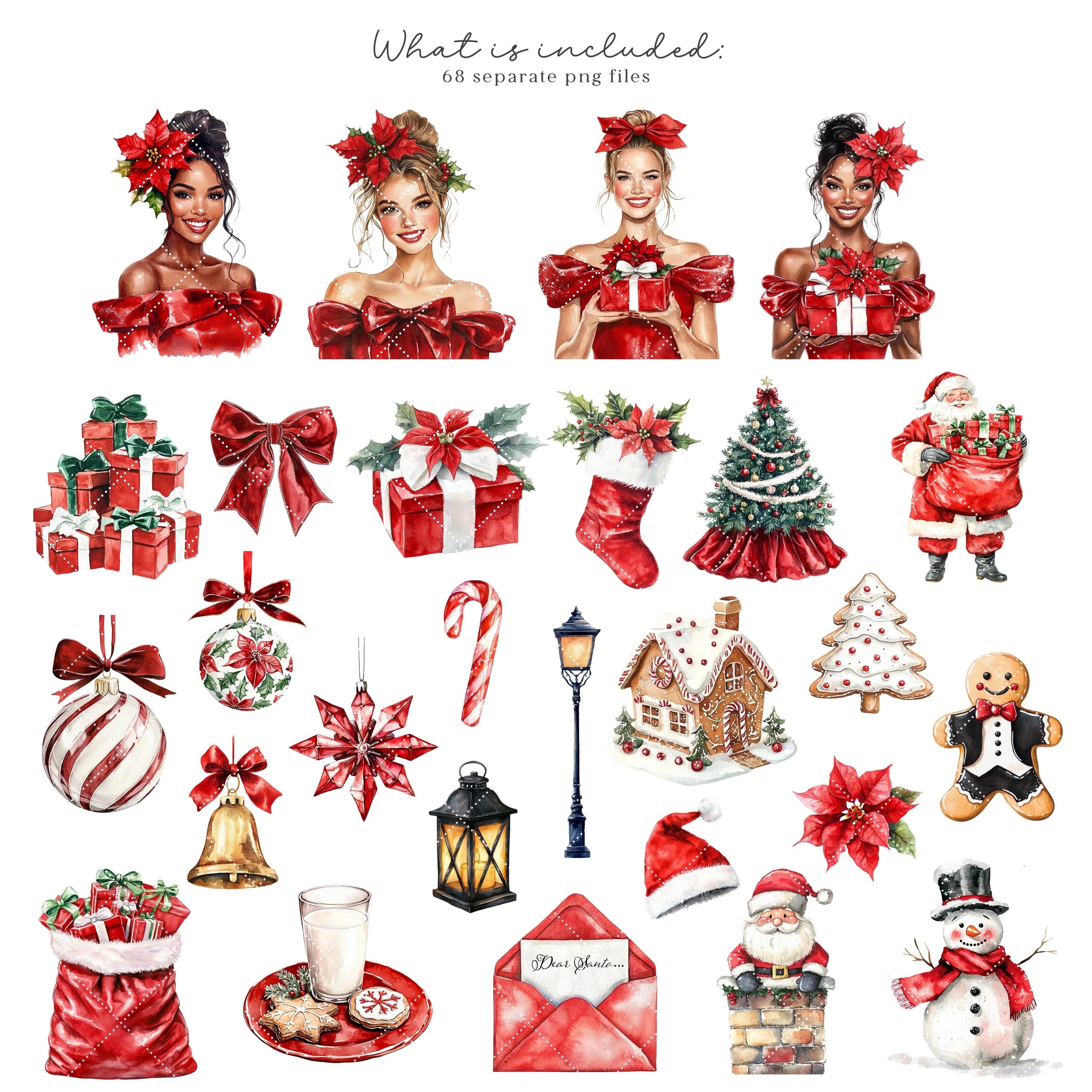 Watercolor Classic Christmas Clipart, Christmas Clip Art, Festive ...