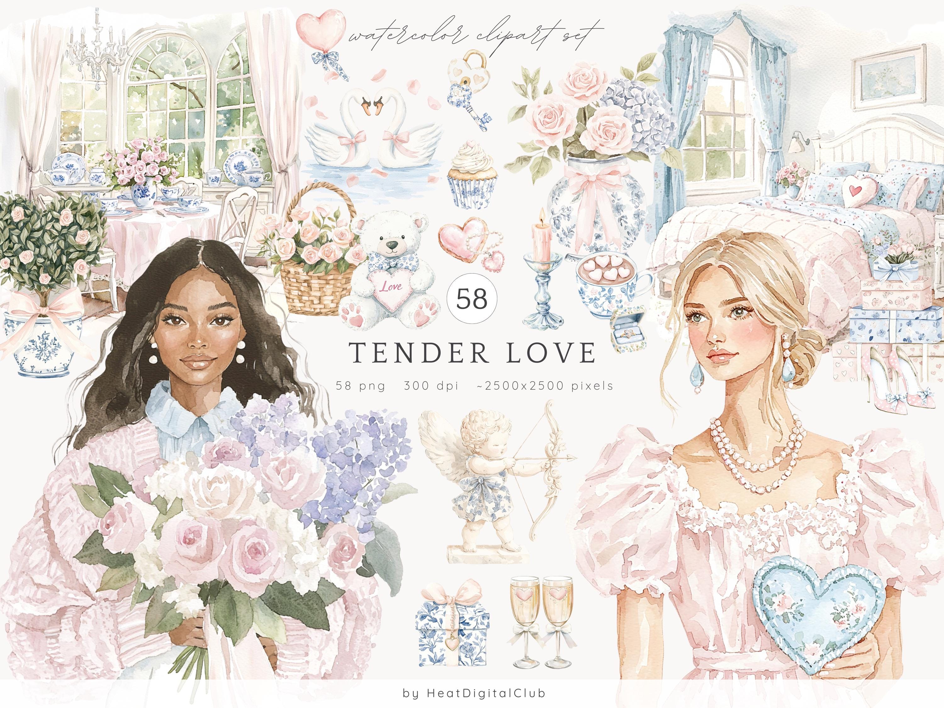 Watercolor Valentines Day Clipart Bundle, Grandmillennial Romantic Clip ...