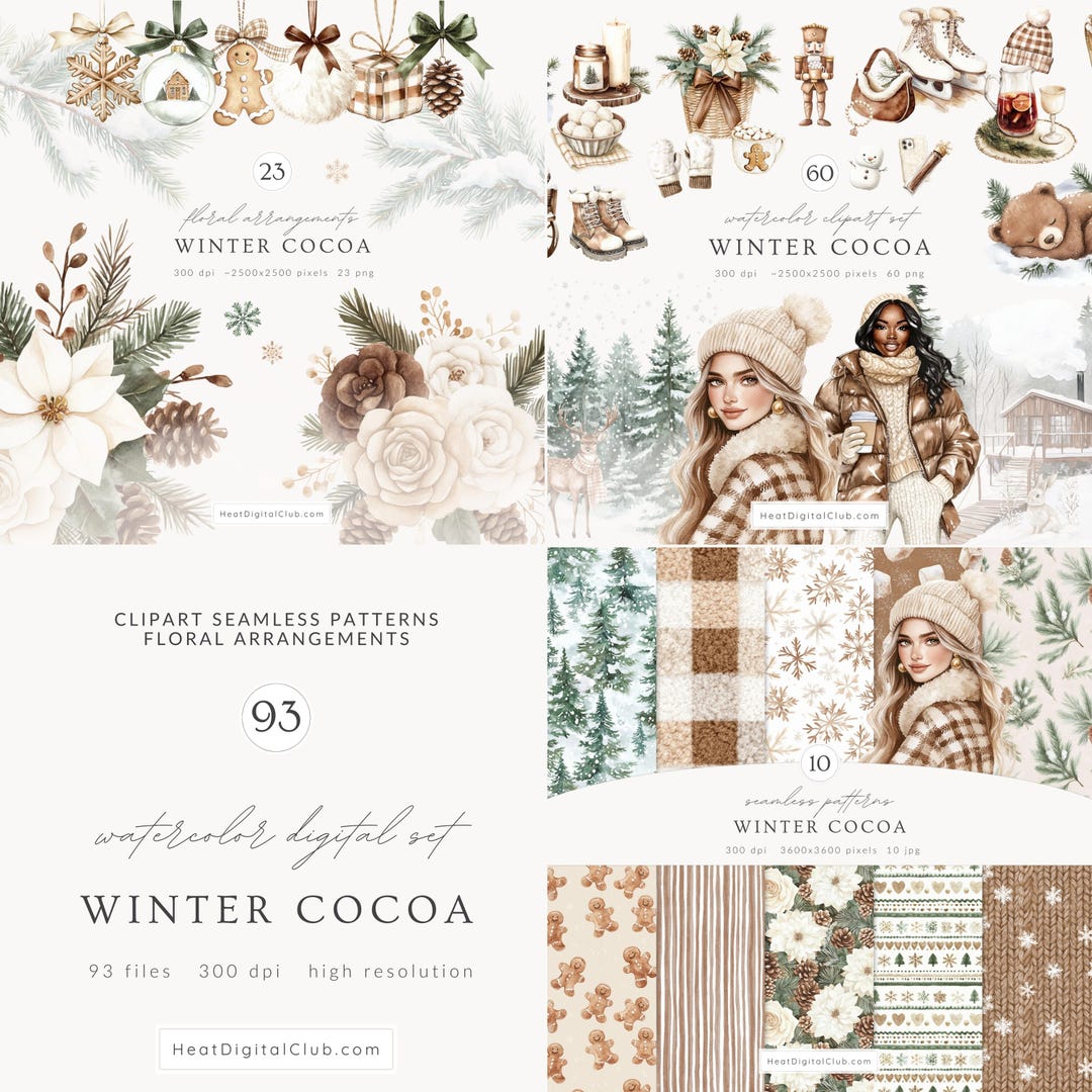 Winter Cocoa Watercolor Clipart and Patterns Collection | Elegant Cozy ...