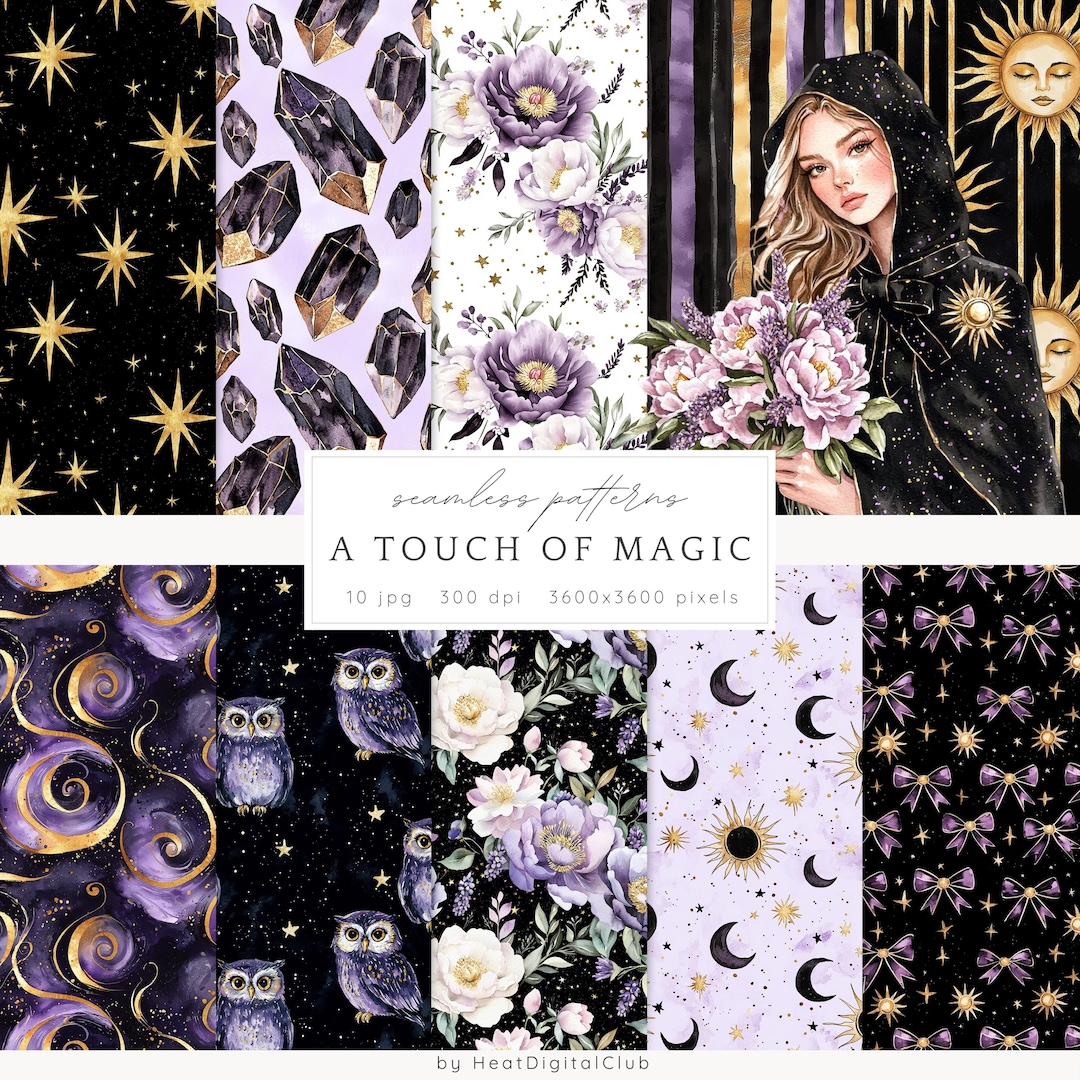 Watercolor Magic Witch Seamless Patterns, Celestial Background, Floral ...