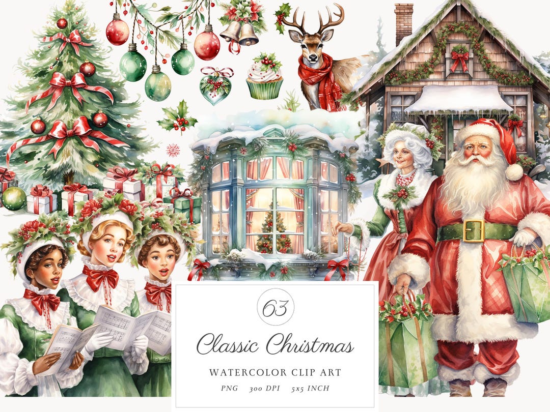 Watercolor Christmas PNG Clipart Bundle Images, Classic Christmas ...