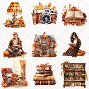 36 Watercolor Fall Plaid Bookworm Clip Art Bundle, Bookshelf, Autumn ...