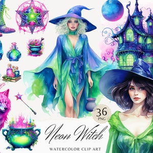 Watercolor Neon Witch Clipart Bundle, Magic Witch Clip Art PNG, Witches ...