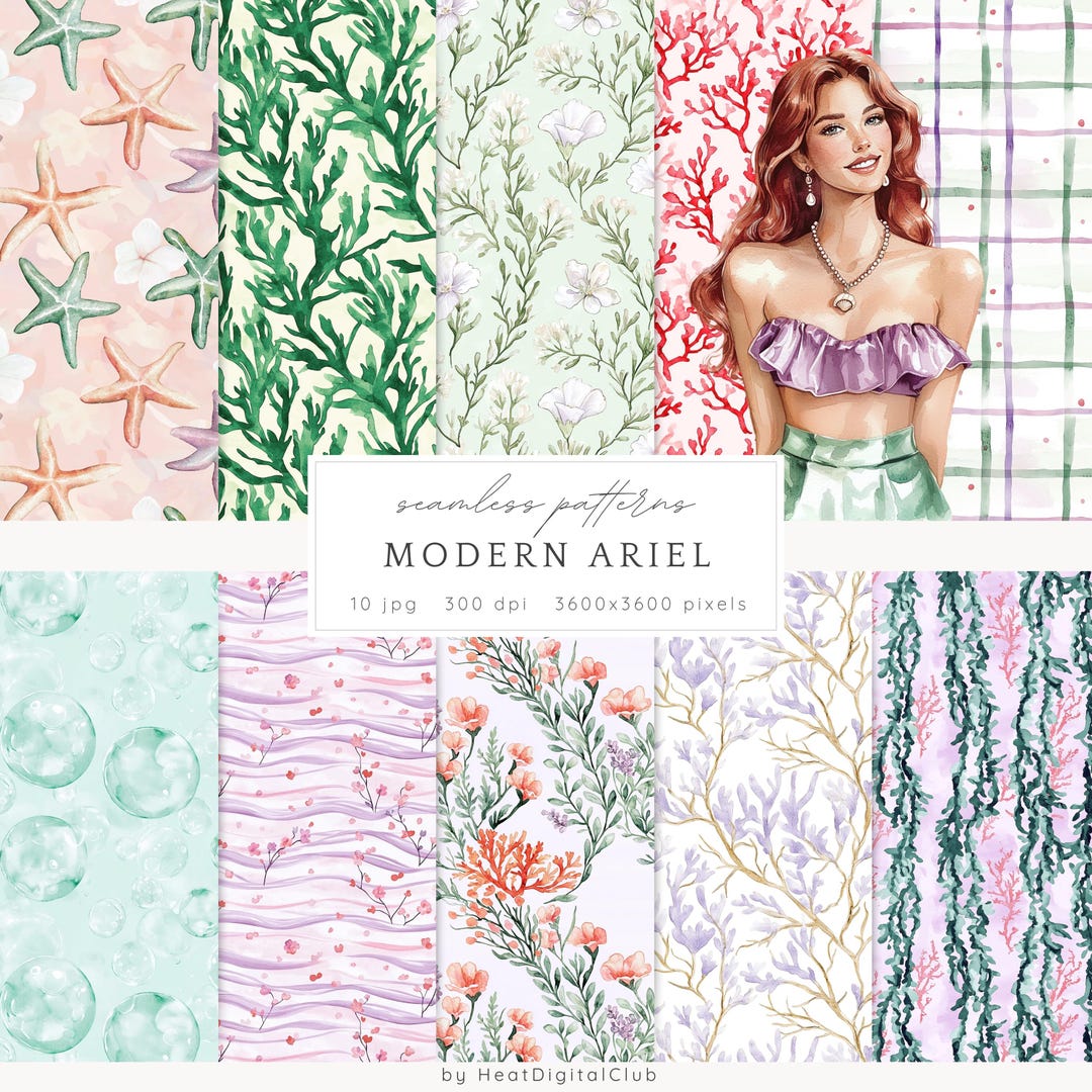 Watercolor Modern Ariel Seamless Patterns, Mermaid Digital Paper, Sea ...