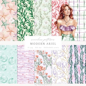 Watercolor Modern Ariel Seamless Patterns, Mermaid Digital Paper, Sea ...