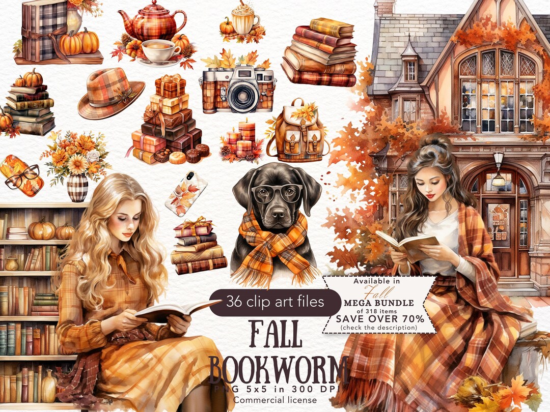 36 Watercolor Fall Plaid Bookworm Clip Art Bundle, Bookshelf, Autumn ...