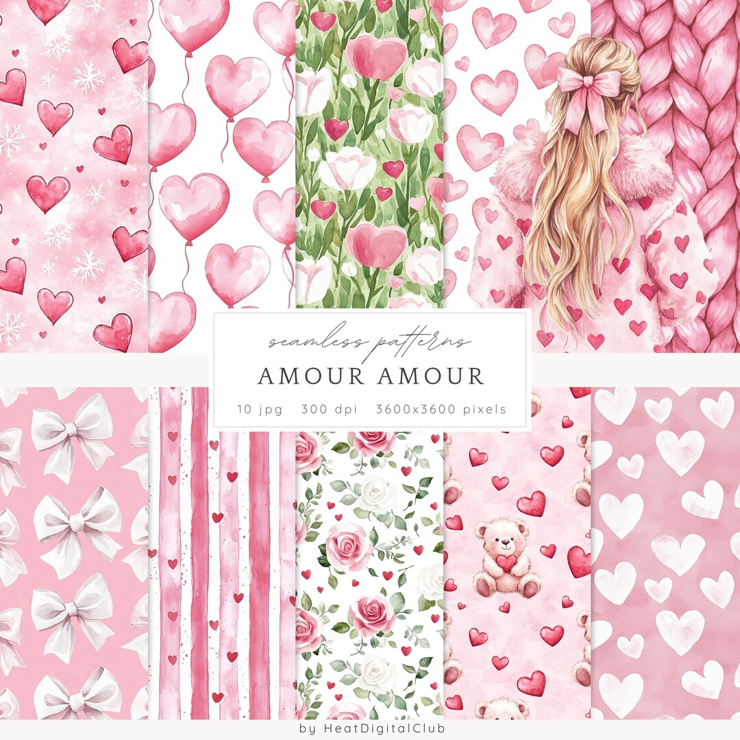 Watercolor Valentines Day Seamless Patterns, Valentines JPG, Love ...