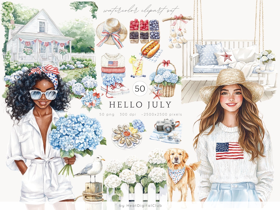 Watercolor Hello July Clip Art, Independence Day Clip Art, 4th of July ...