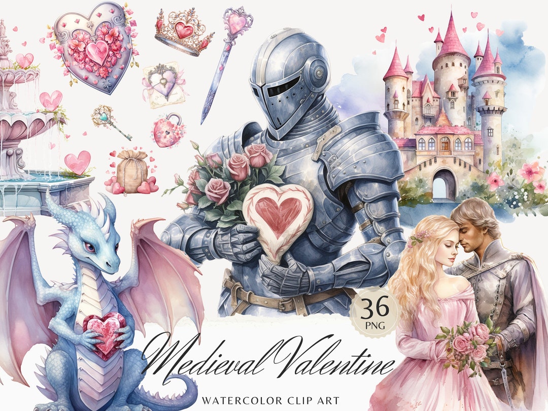 Watercolor Medieval Valentine Clipart Bundle, Valentines Day Clip Art ...