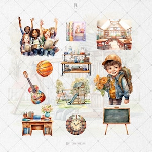 40 Watercolor School Clipart, Back to School Clipart, School Clipart ...