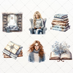 Watercolor Winter Bookworm Clip Art Bundle, Bookshelf, Winter Book ...