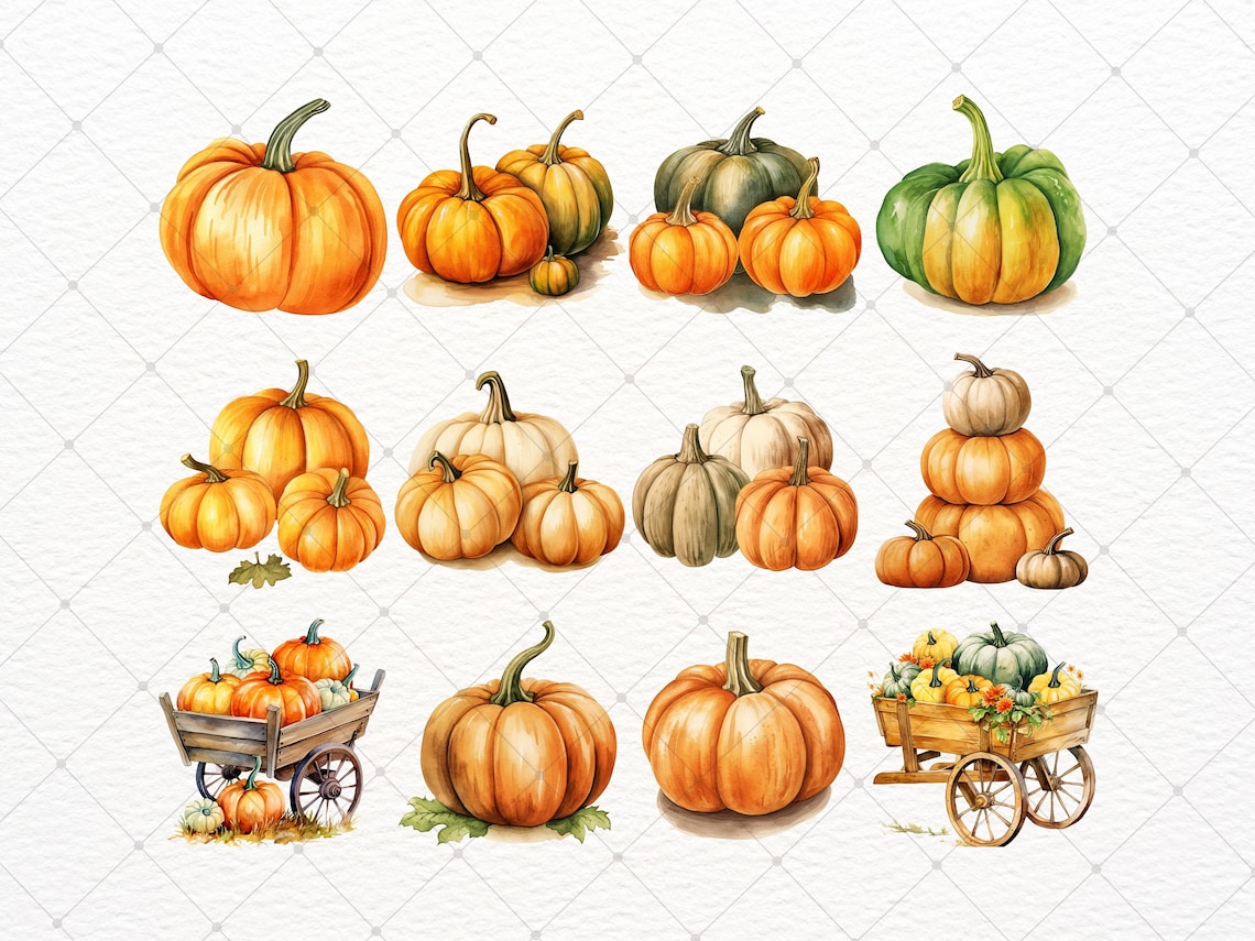 24 Watercolor Autumn Pumpkin Clipart - Fall Halloween Clip Art, Garden ...