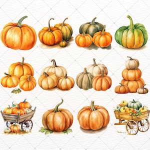 24 Watercolor Autumn Pumpkin Clipart - Fall Halloween Clip Art, Garden ...