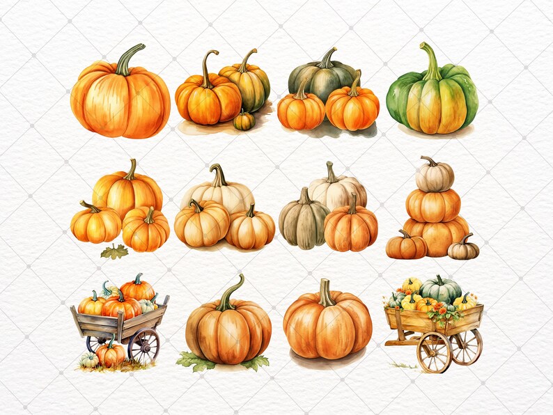 24 Watercolor Autumn Pumpkin Clipart - Fall Halloween Clip Art, Garden ...