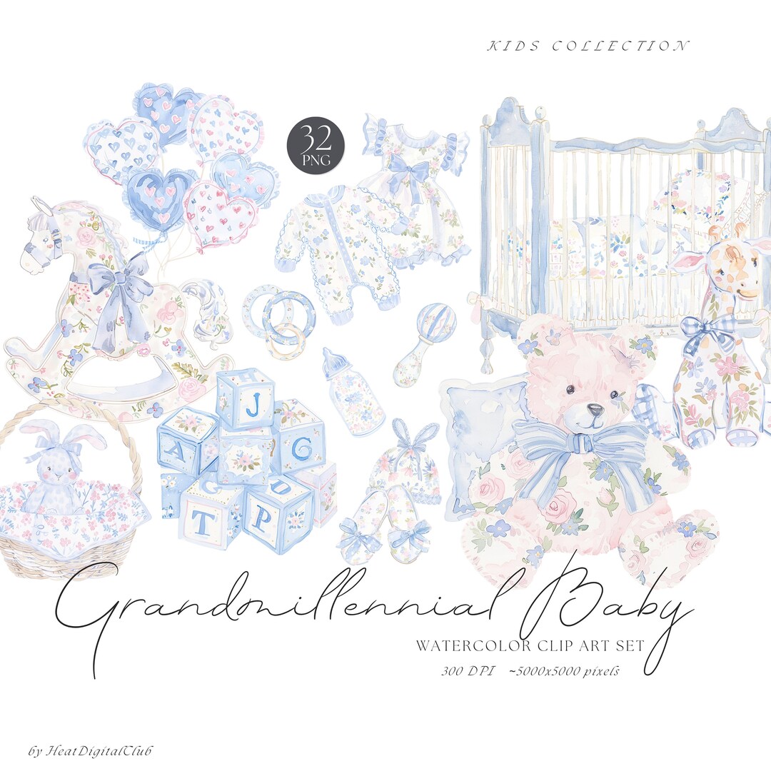 Watercolor Grandmillennial Baby Clipart Bundle, Pastel Baby Toys Clip ...
