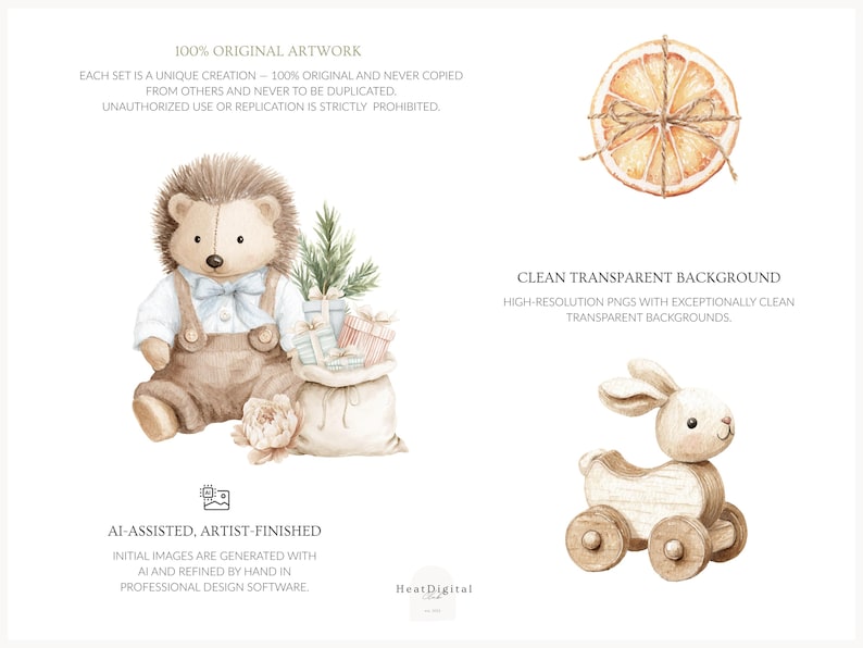 Watercolor Christmas Atelier Clipart, Cute Vintage Holiday Toys PNG ...