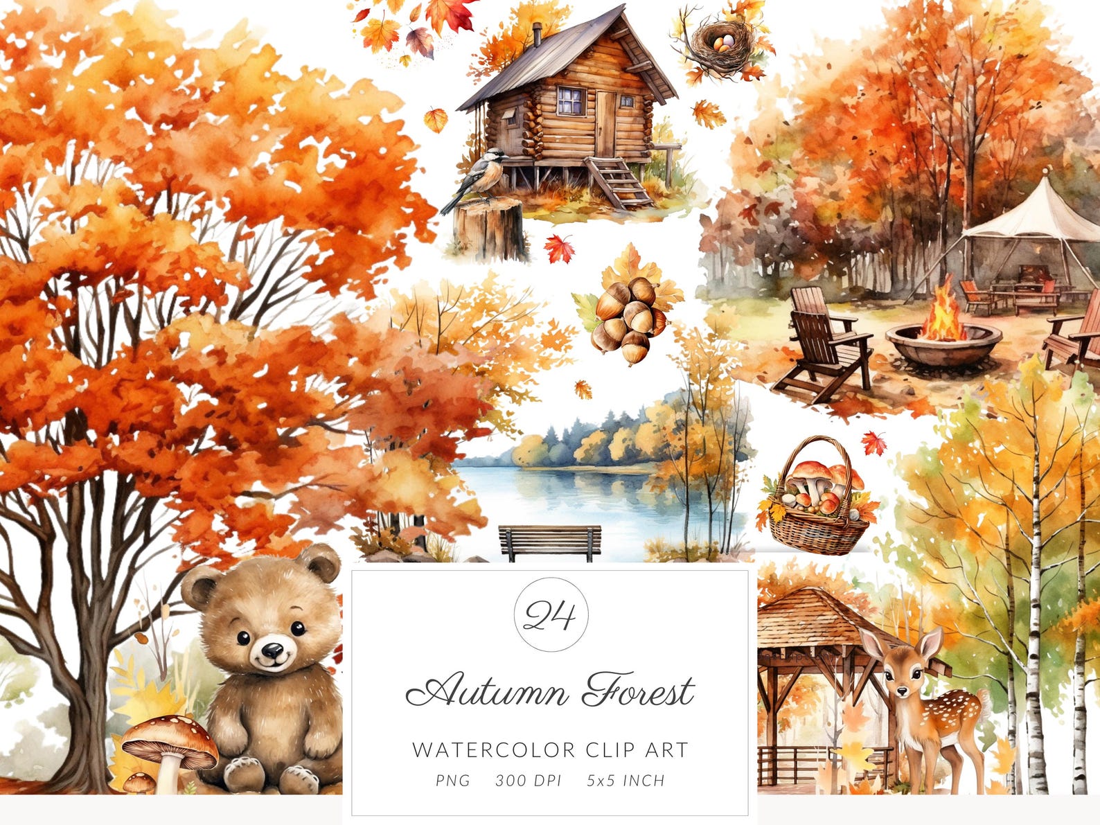 Watercolor Cozy Autumn Forest Clipart, Romantic Fall Forest Landscape ...