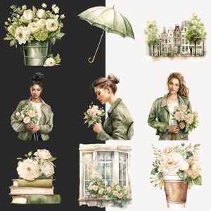 Watercolor Green Spring Clipart, Cozy Spring Clip Art, Floral Graphics ...