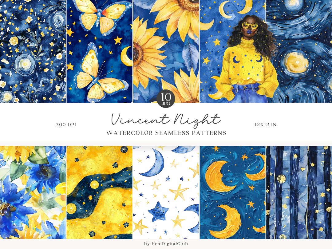 Watercolor Vincent Night Patterns, Starry Night Pattern JPEG, Vincent ...