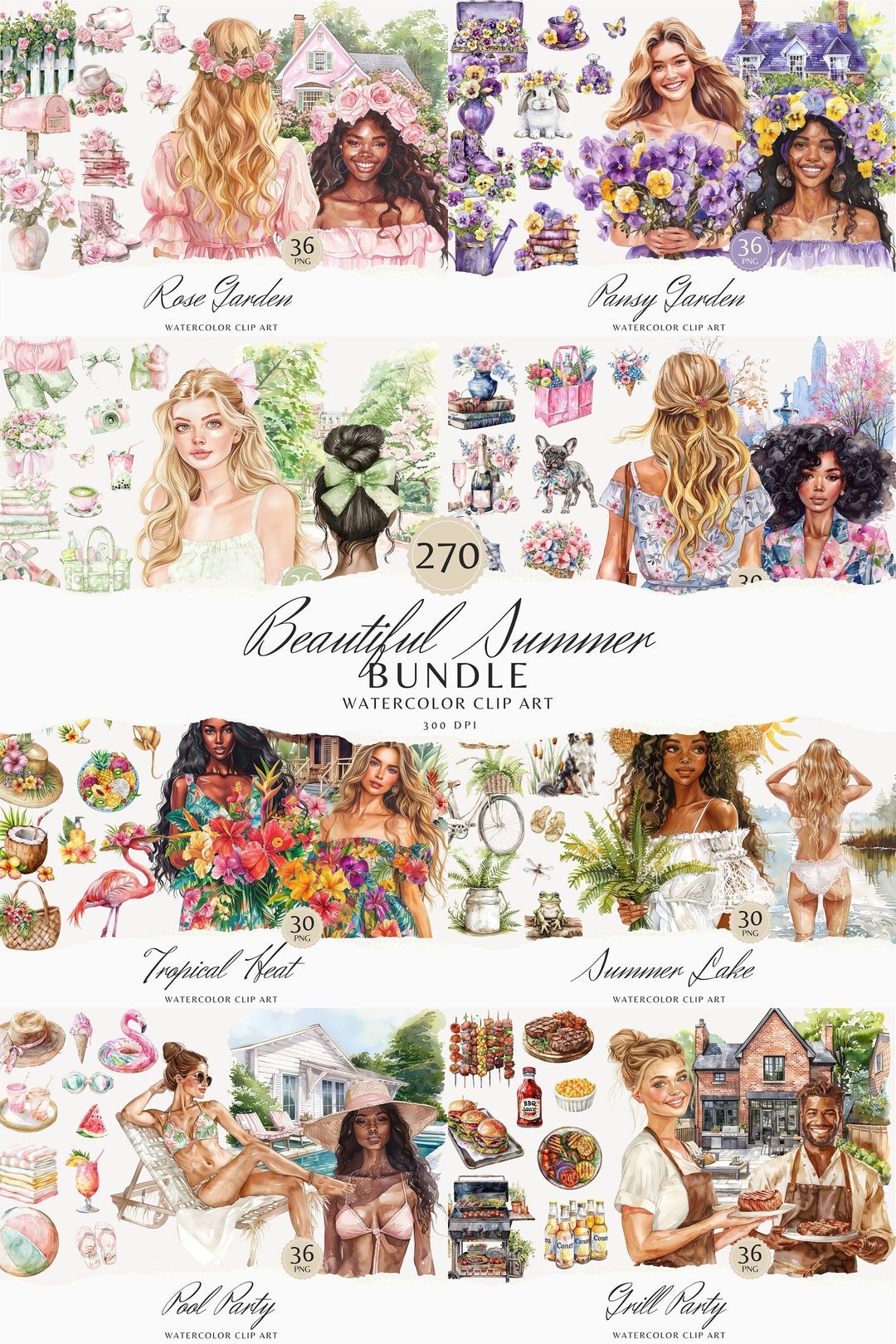 Watercolor Beautiful Summer Clipart Bundle, Clip Art PNG, Floral ...