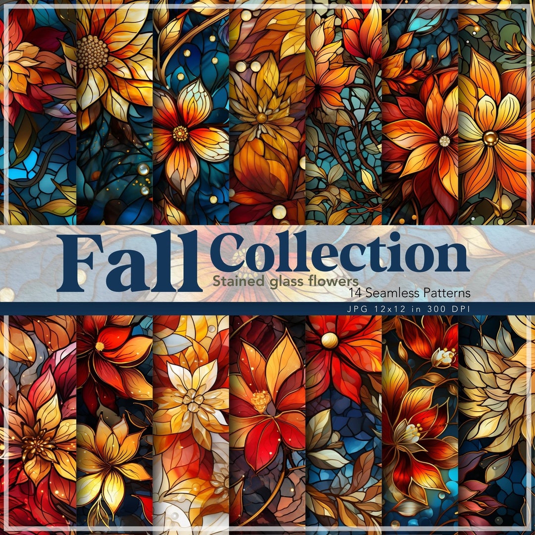 Seamless Stained Glass Floral Fall Patterns Autumn Botanical - Etsy