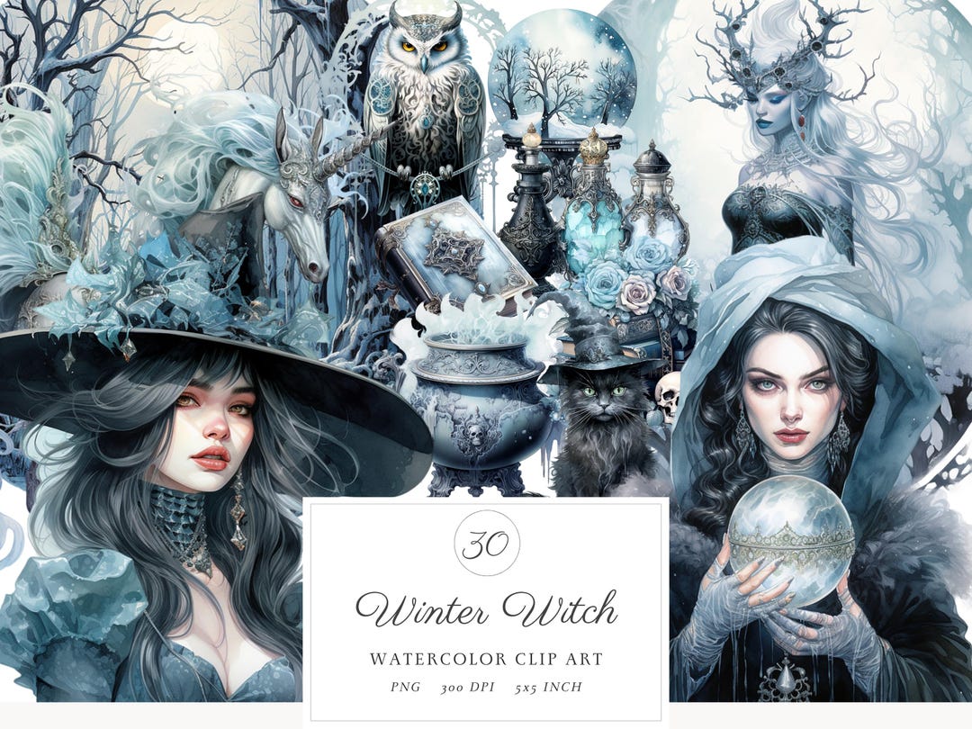 Winter Witch Watercolor Clipart Bundle PNG, Magic Clip Art, Mystical ...