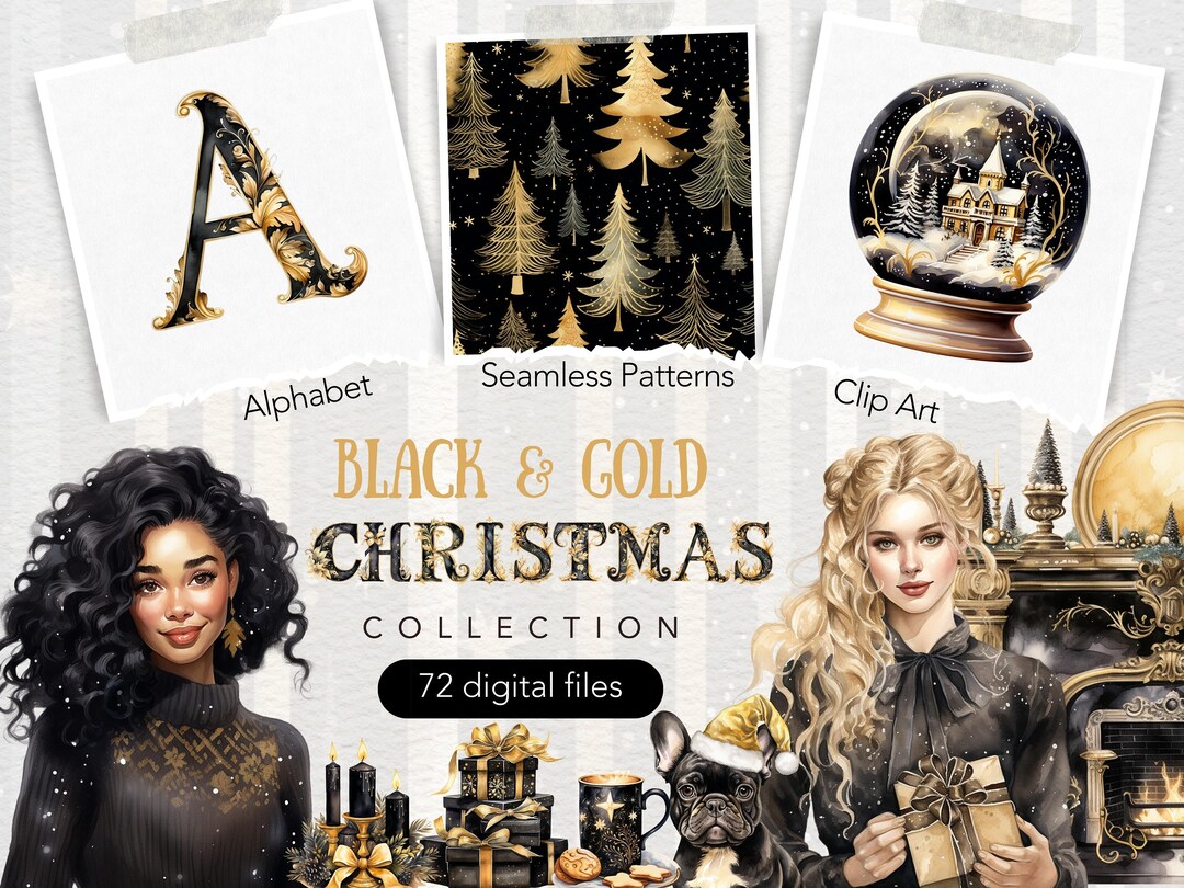 Watercolor Black & Gold Christmas Clipart Bundle, Festive Holiday Clip ...