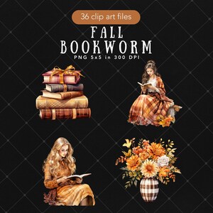 36 Watercolor Fall Plaid Bookworm Clip Art Bundle, Bookshelf, Autumn ...