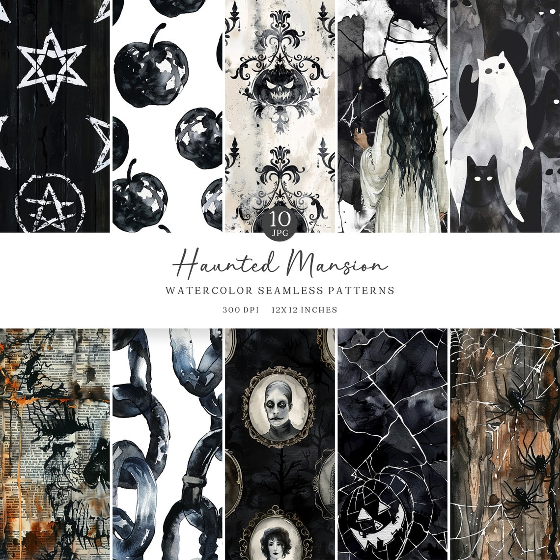 Watercolor Haunted Mansion Seamless Patterns, Creepy Halloween Pattern ...