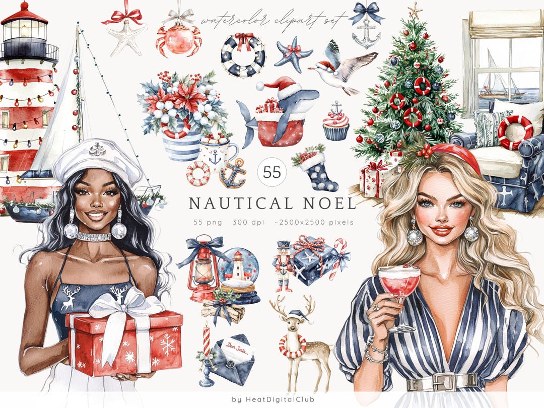 Watercolor Nautical Noel Clipart, Winter Christmas Clip Art, Marine Png ...