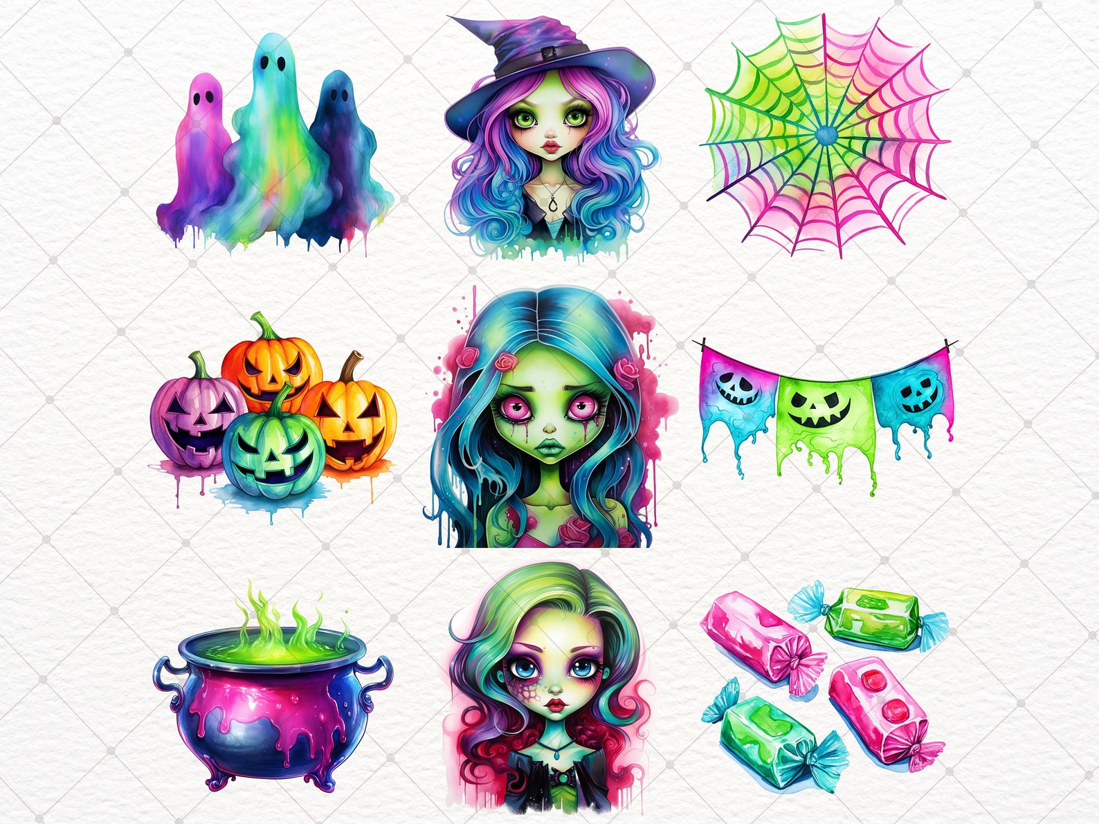 Watercolor Spooky Cute Neon Halloween Witch Clipart Bundle PNG ...
