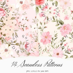 Watercolor Shabby Chic Seamless Patterns, Pastel Floral JPEG, Stripes ...