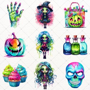 Watercolor Spooky Cute Neon Halloween Witch Clipart Bundle PNG ...
