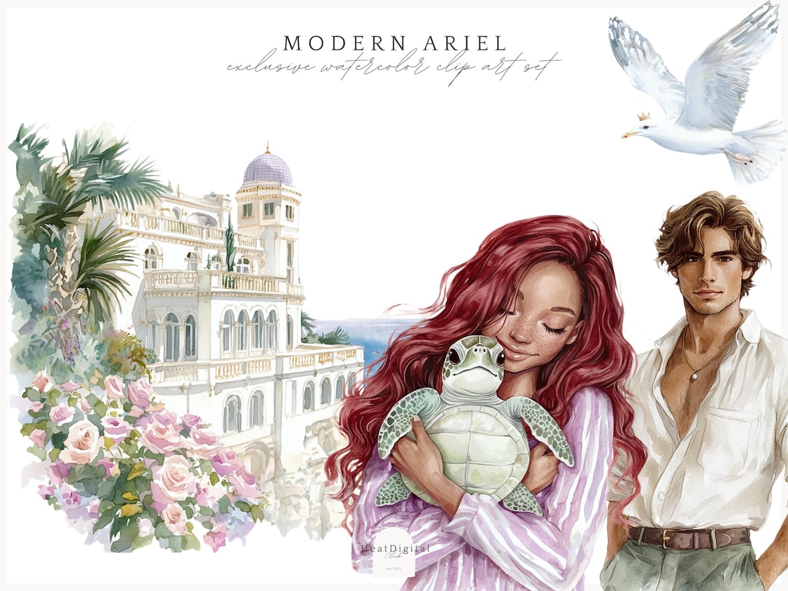 Watercolor Modern Ariel Clipart, Mermaid Clip Art, Ocean PNG, Ariel ...
