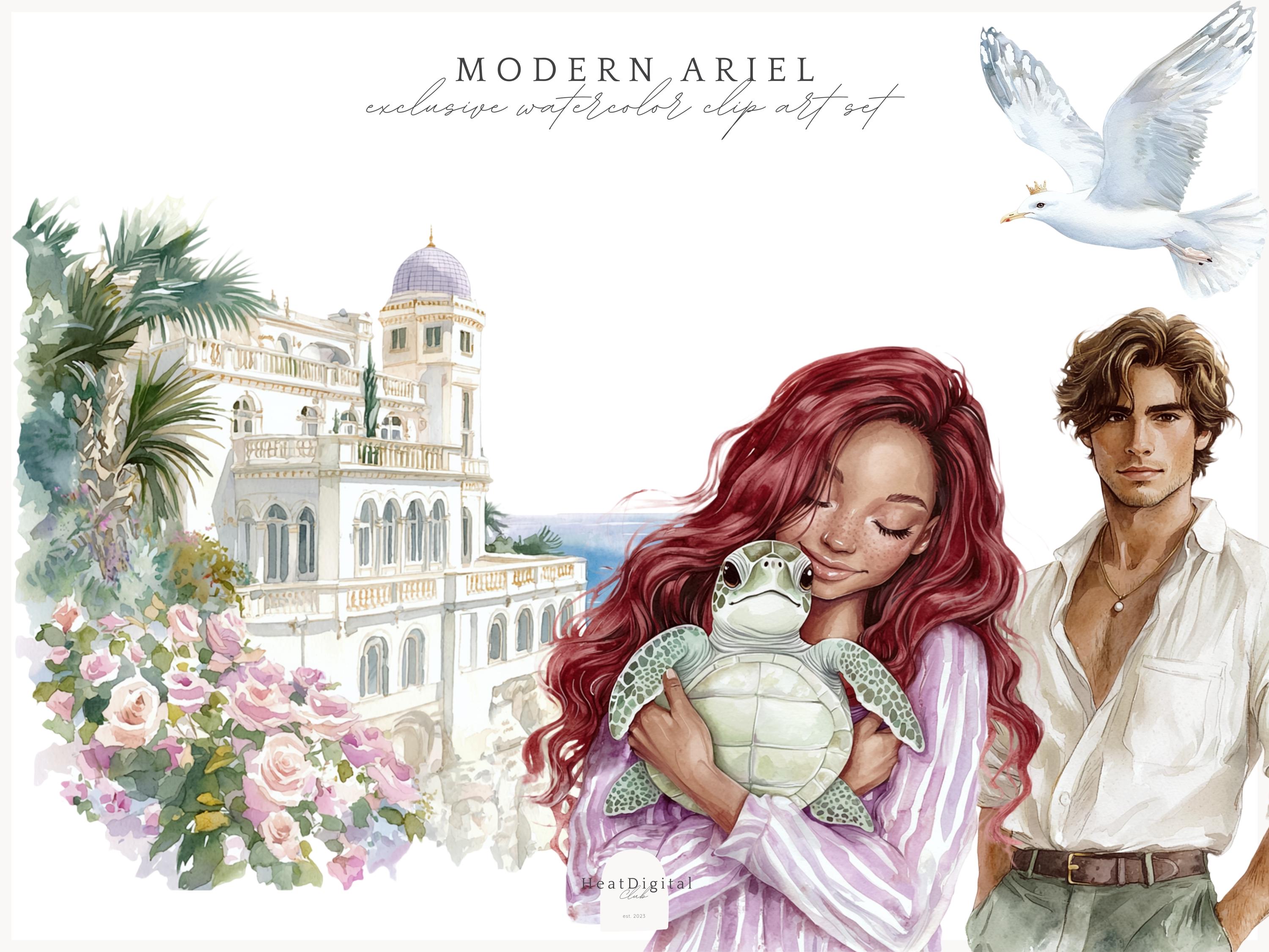 Watercolor Modern Ariel Clipart, Mermaid Clip Art, Ocean PNG, Ariel ...