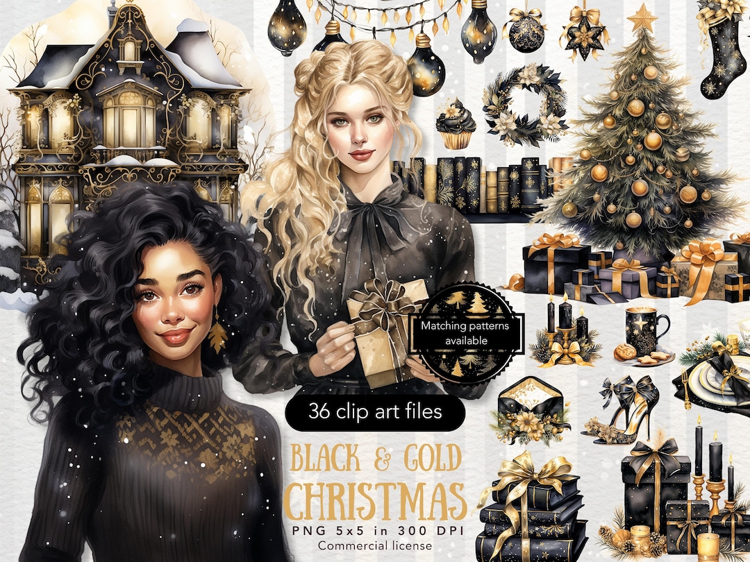 Watercolor Black & Gold Christmas Clipart Bundle, Festive Holiday Clip ...